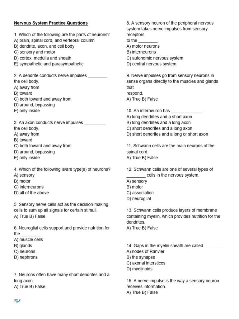 Nervous System Practice Test | PDF | Action Potential | Motor Neuron