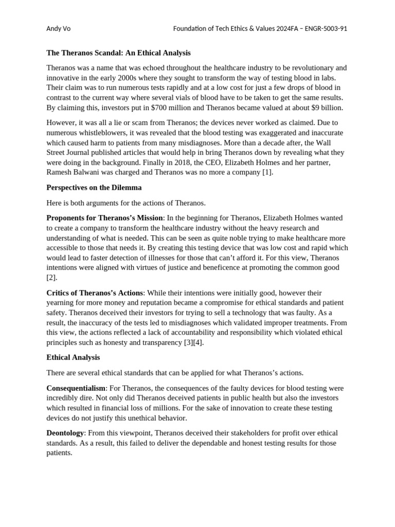 Ethics-Brief Report-Theranos | PDF
