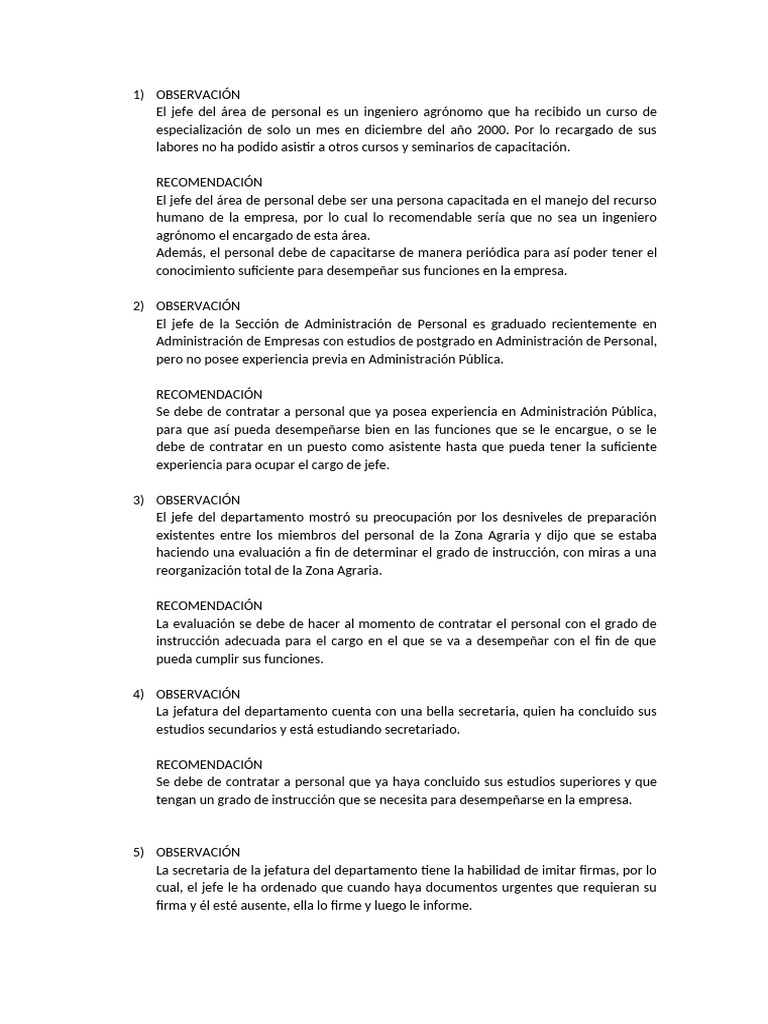 Recomendaciones y Observaciones - Area de Personal | PDF | Gestión de ...