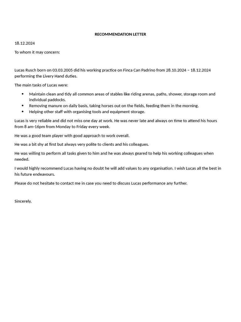 Recommendation Letter Livery Yard Hand | PDF