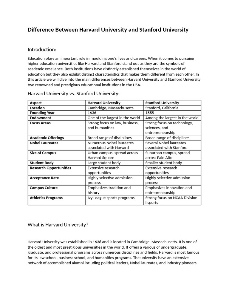 Harvard vs. Stanford: Key Differences | PDF | Harvard University ...