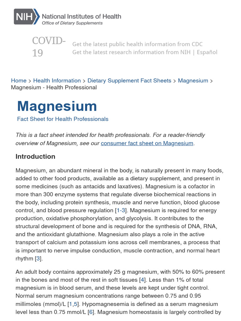 Magnesium - Health Professional Fact Sheet | PDF | Magnesium | Blood ...