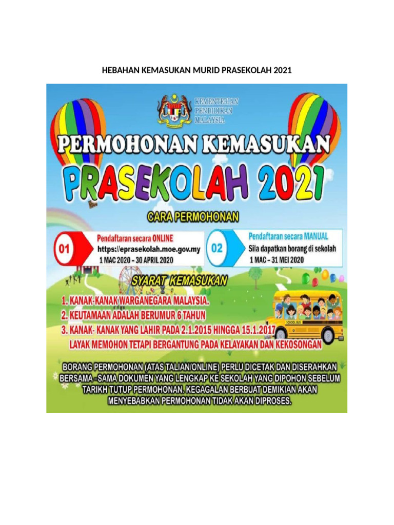 Hebahan Kemasukan Murid Prasekolah 2021 | PDF
