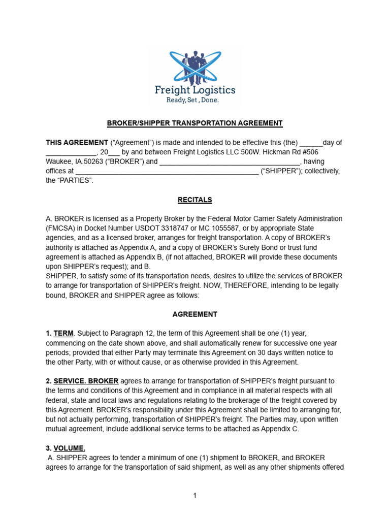Freight Logistics Broker Shipper Agreement | PDF | Indemnity | Cargo