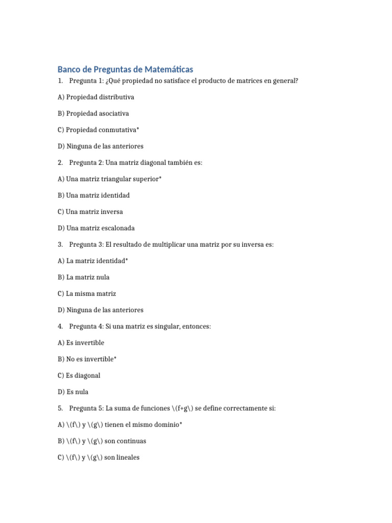 Banco_de_Preguntas_Matematicas | PDF | Matriz (Matemáticas) | Álgebra
