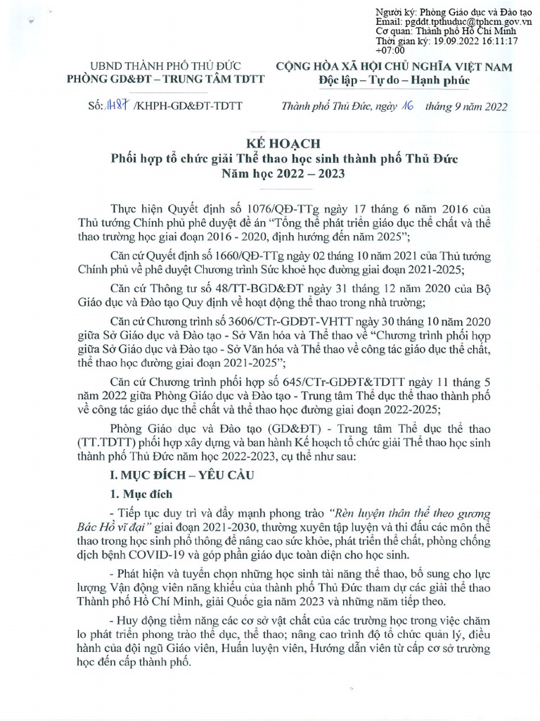 1487 Ke Hoach Phoi Hop To Chuc Giai Tths 2022 2023 - 1992022184419 | PDF