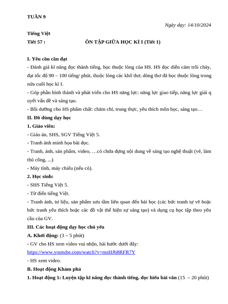 KHBD Lop 5a2 - Tuan 9 | PDF