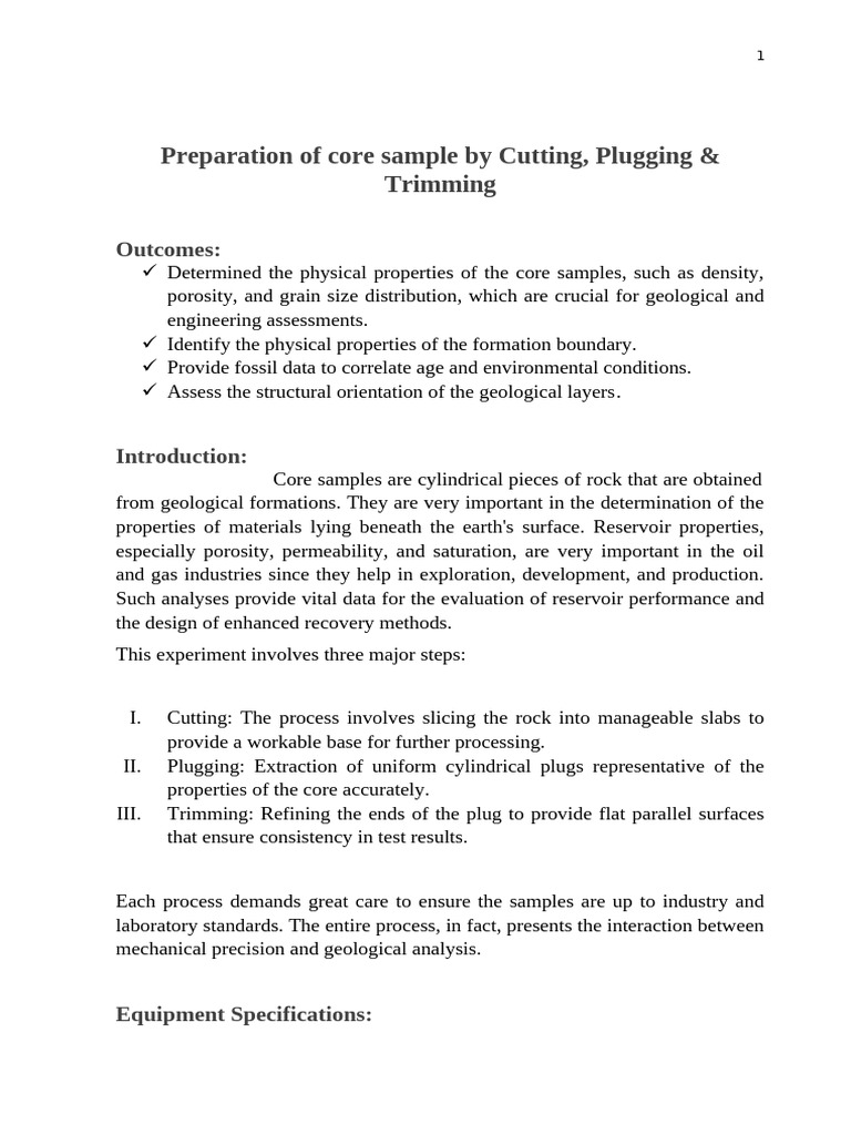 My Preparation of Core Sample by Cutting J Plugging 0 Trimming. | PDF ...