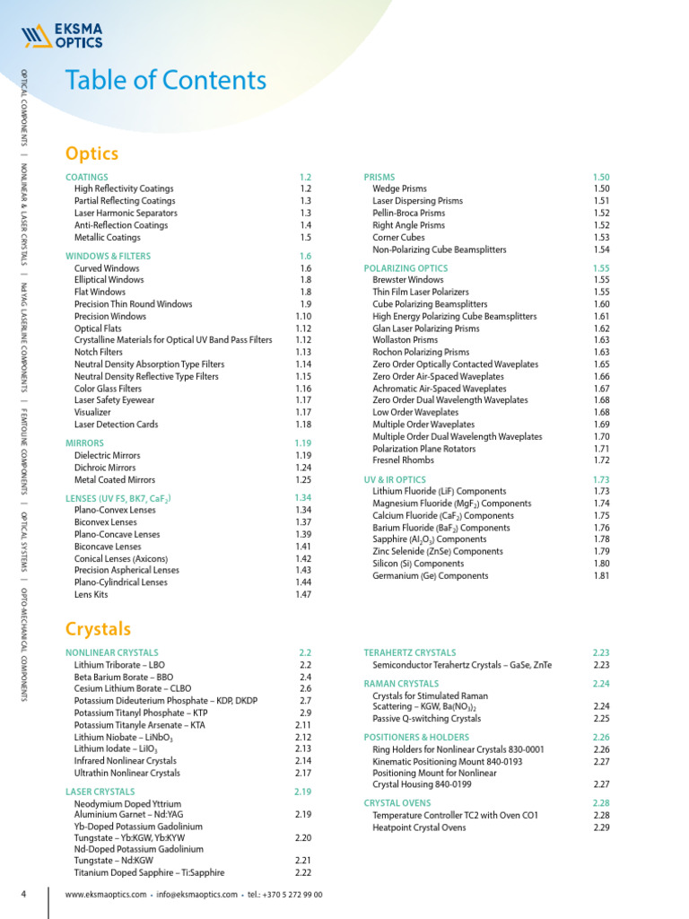 Eksma Optics Catalog: Optical Components & Crystals | PDF | Optical ...