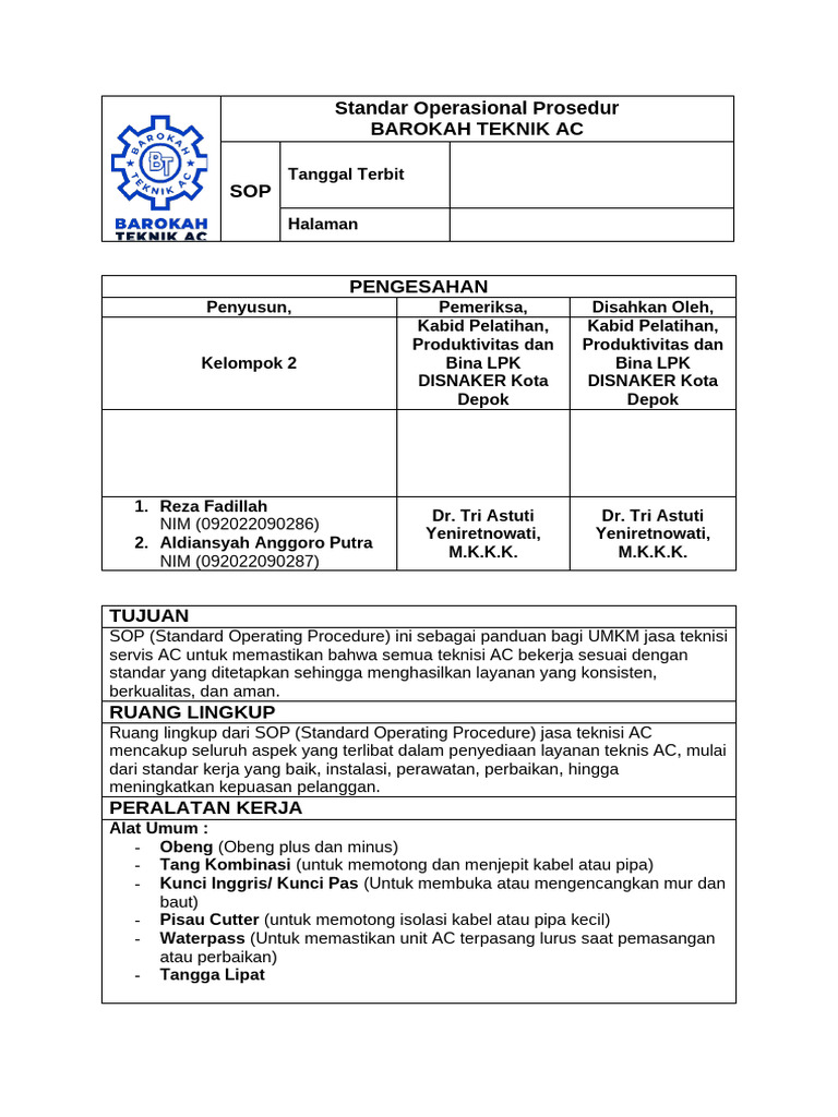 Sop Barokah Teknik Ac | PDF
