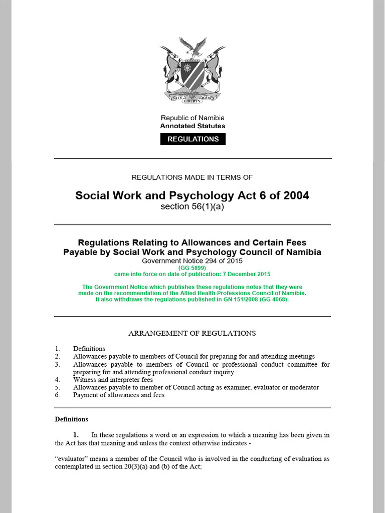 Social Work and Psychology Act 6 of 2004-Regulations 2015-294 | PDF ...