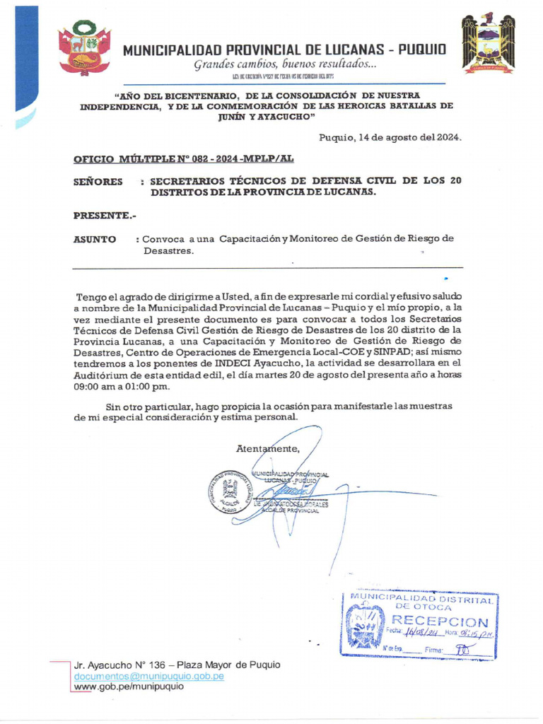 Oficio Multiple N° 082-2024-Mplp-Al. CARGO | PDF