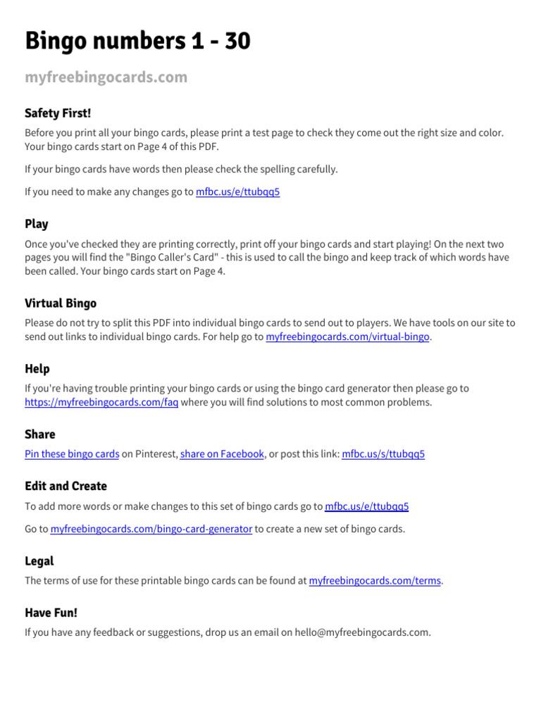 Bingo Numbers 1 30 | PDF | Gambling Games