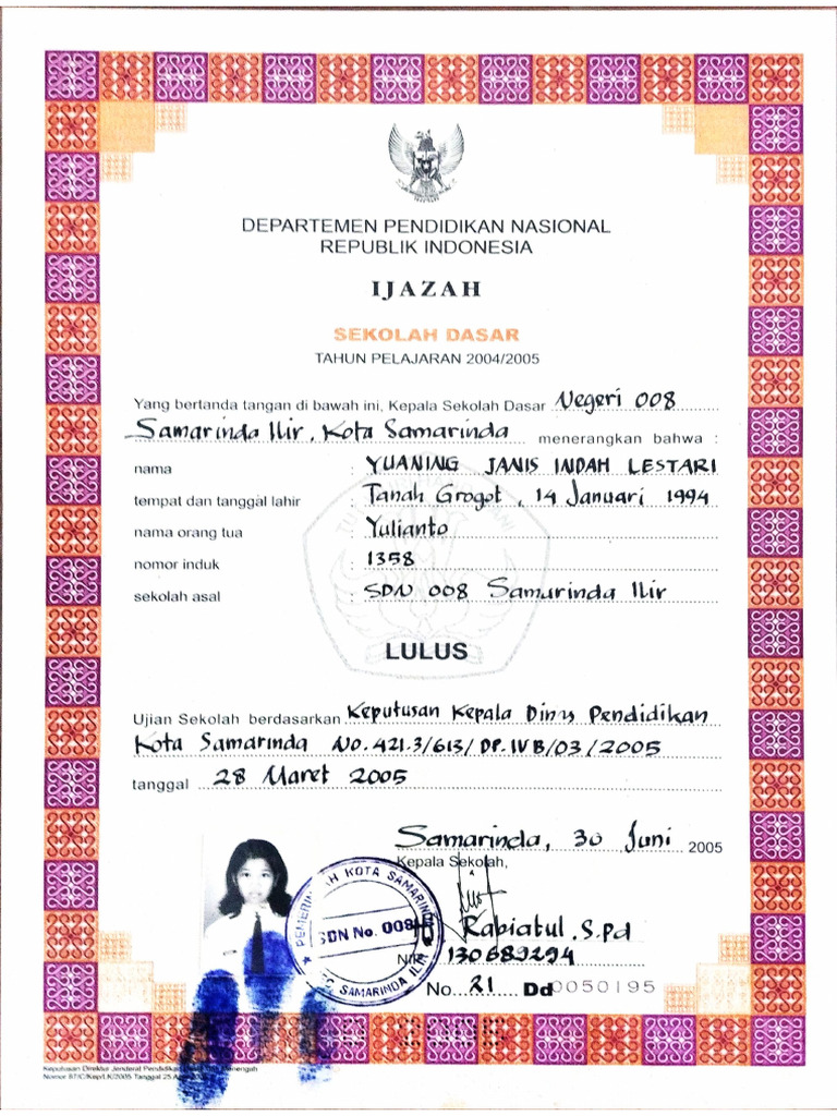 IJAZAH SD YUANING JANIS INDAH LESTARI | PDF
