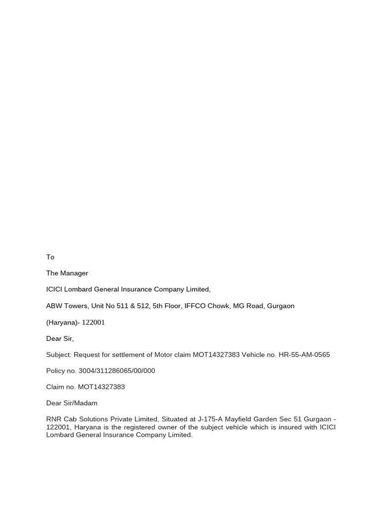 Motor Claim Settlement Request Letter | PDF | Insurance | Real Estate ...