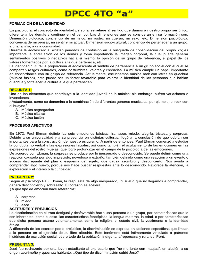EXAMEN DPCC 4TO A | PDF | Las emociones | Asco