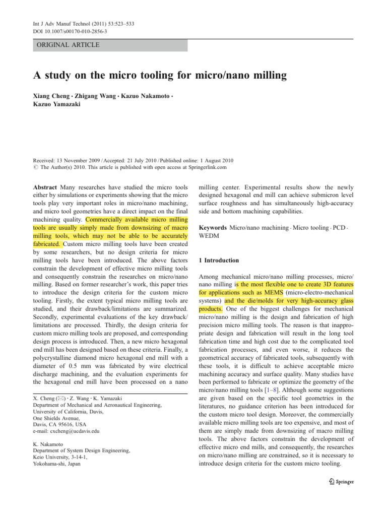 A Study On The Micro Tooling For Micro-Nano Milling | PDF | Machining ...