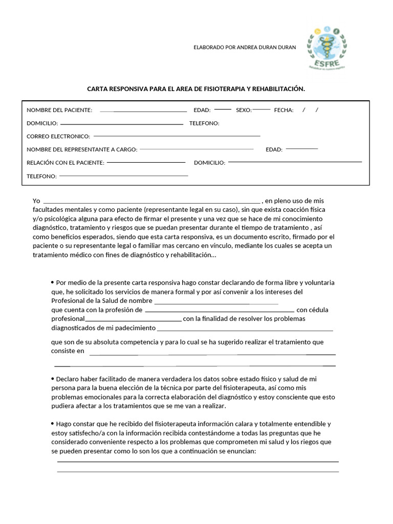 Carta Responsiva | PDF | Terapia física | Diagnostico medico