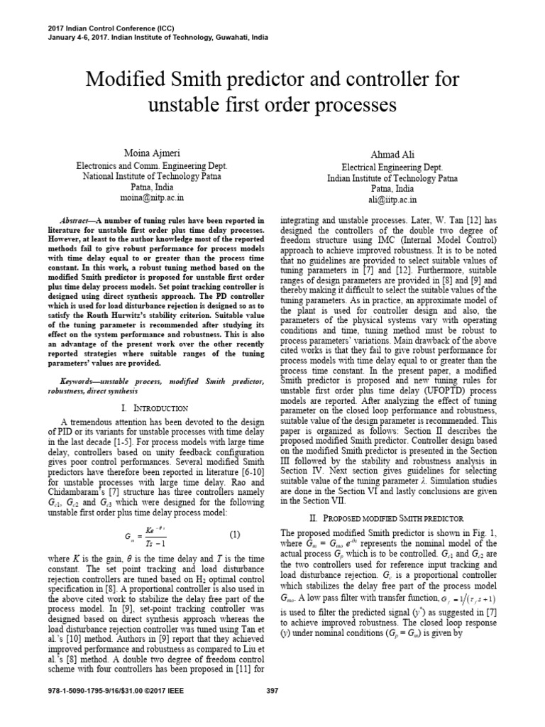 Modified Smith predictor and controller for unstable first order ...