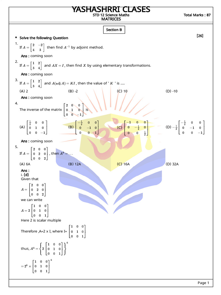 XII MATRICES MATHS REV - Solution | PDF | Algebra | Linear Algebra