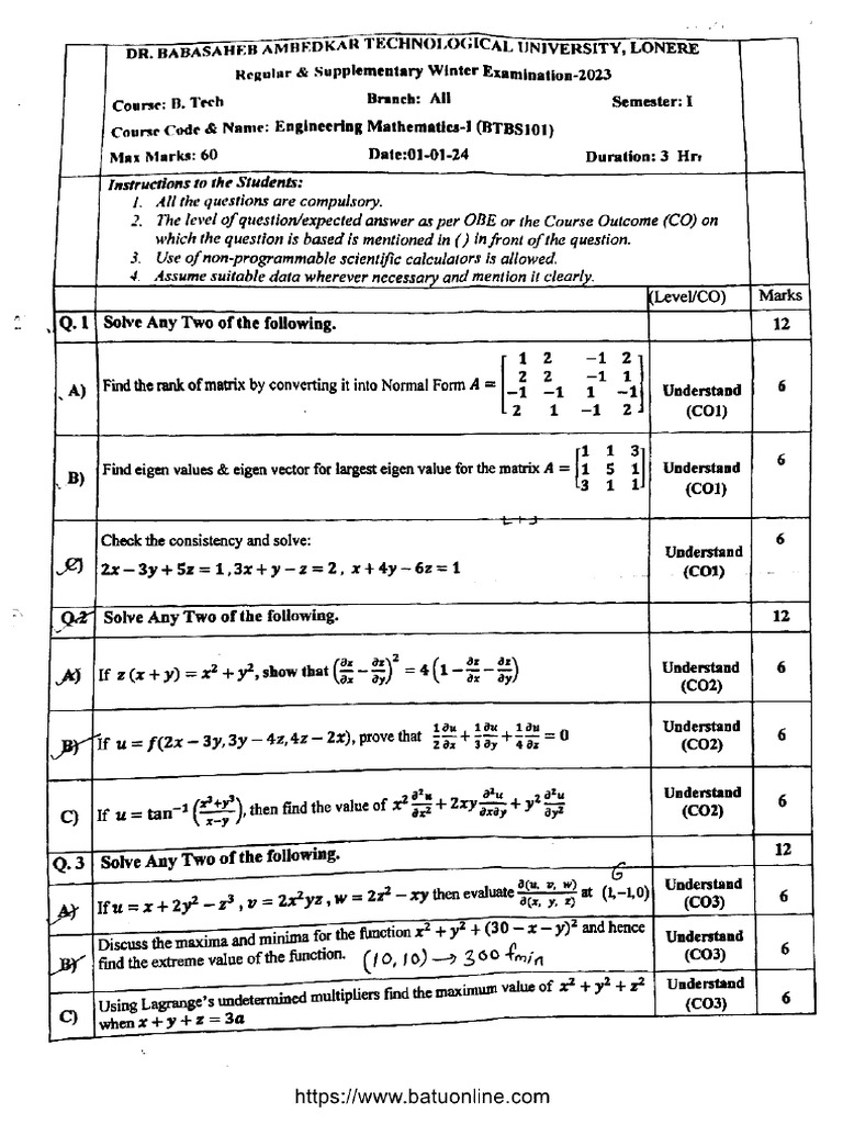 Btech 1 Year Engineering Mathematics 1 Btbs101 Jan 2024 | PDF