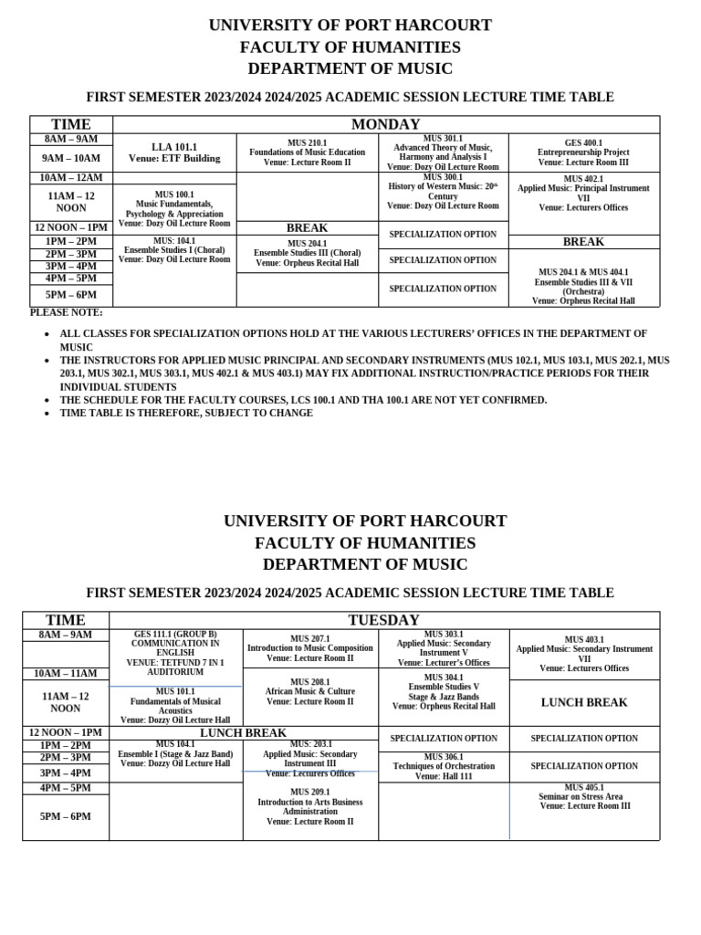 DEPT. OF MUSIC LECTURE TIME TABLE IST SEM. 2023-2024 & 2024-2025 | PDF ...