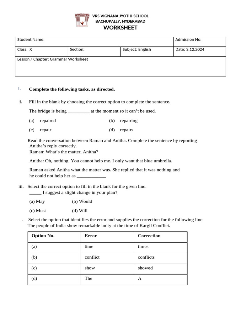 Grammar Worksheet (2) | PDF