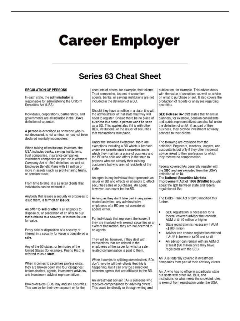 Series 63 Exam Cheat Sheet Guide | PDF | Securities (Finance) | Business