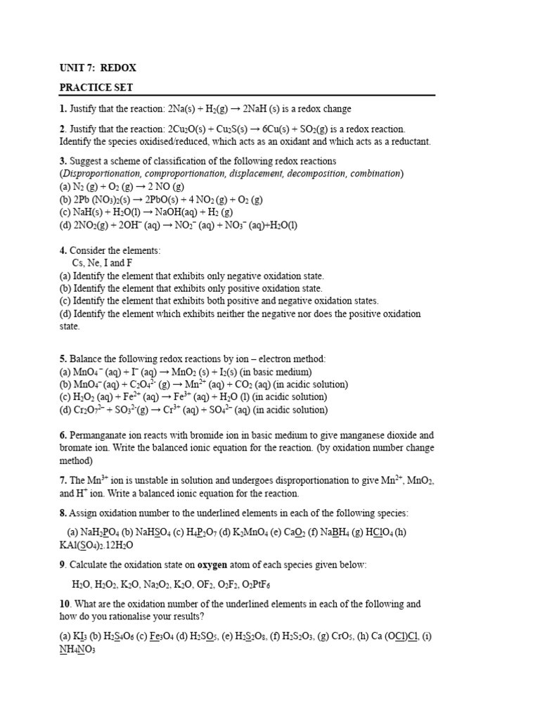 Redox Reactions Practice Set | PDF | Redox | Chemical Reactions