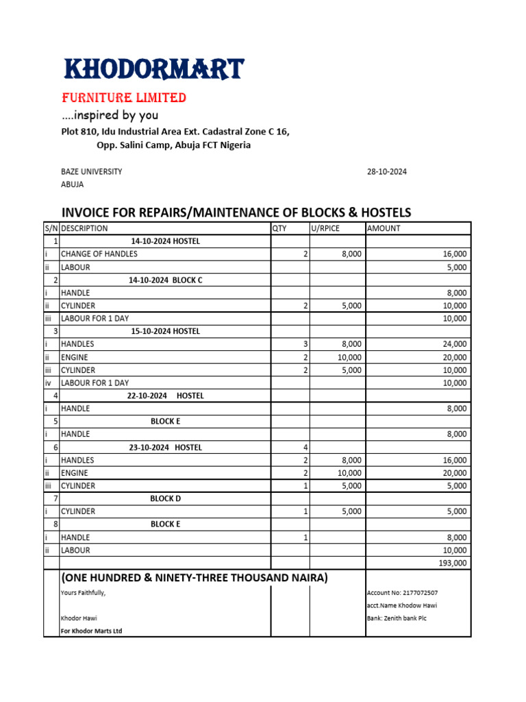 Invoice For Baze University - Maintenance of Classes, Offices & Hostel ...