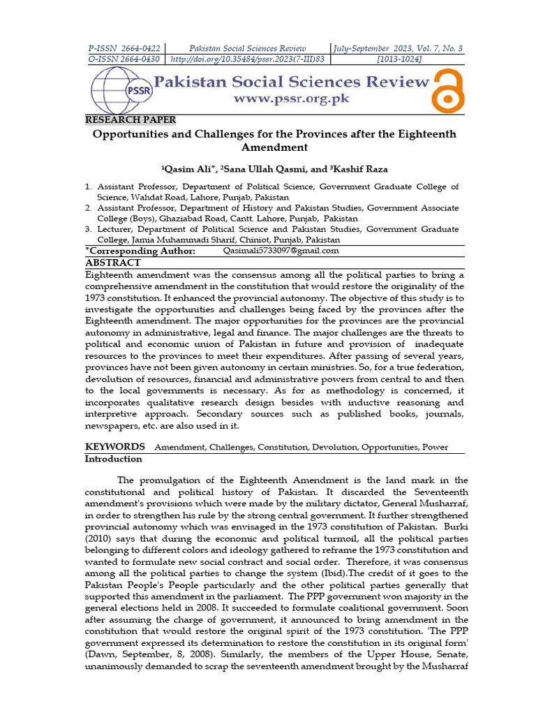 Opportunities and Challenges For The Provinces After The Eighteenth ...
