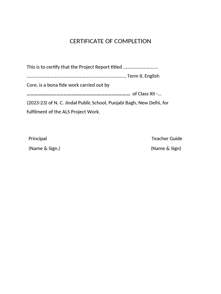 Class XII Project Completion Certificate | PDF