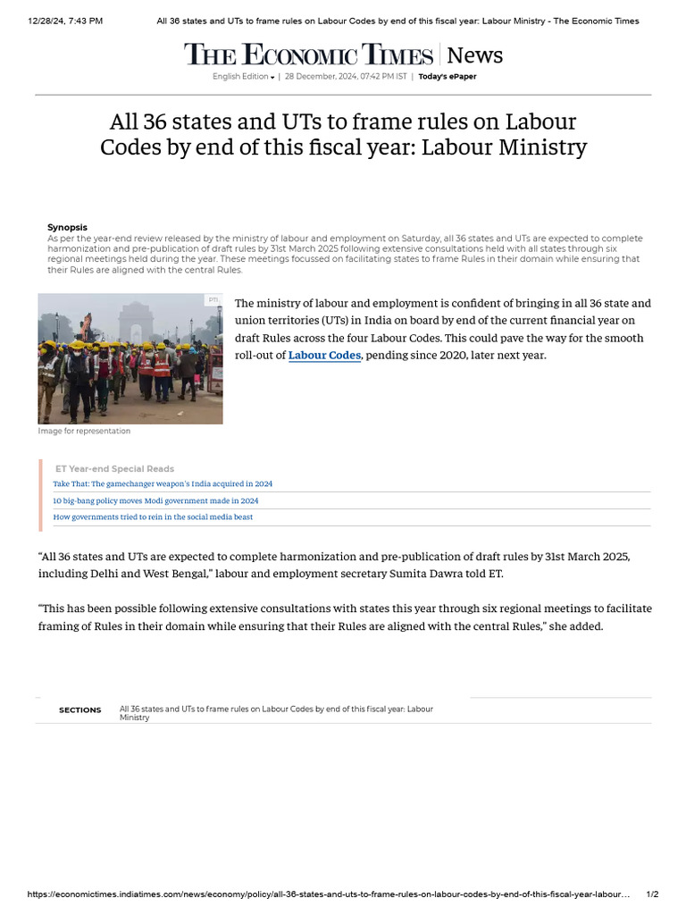 All 36 States and UTs To Frame Rules On Labour Codes by End of This ...