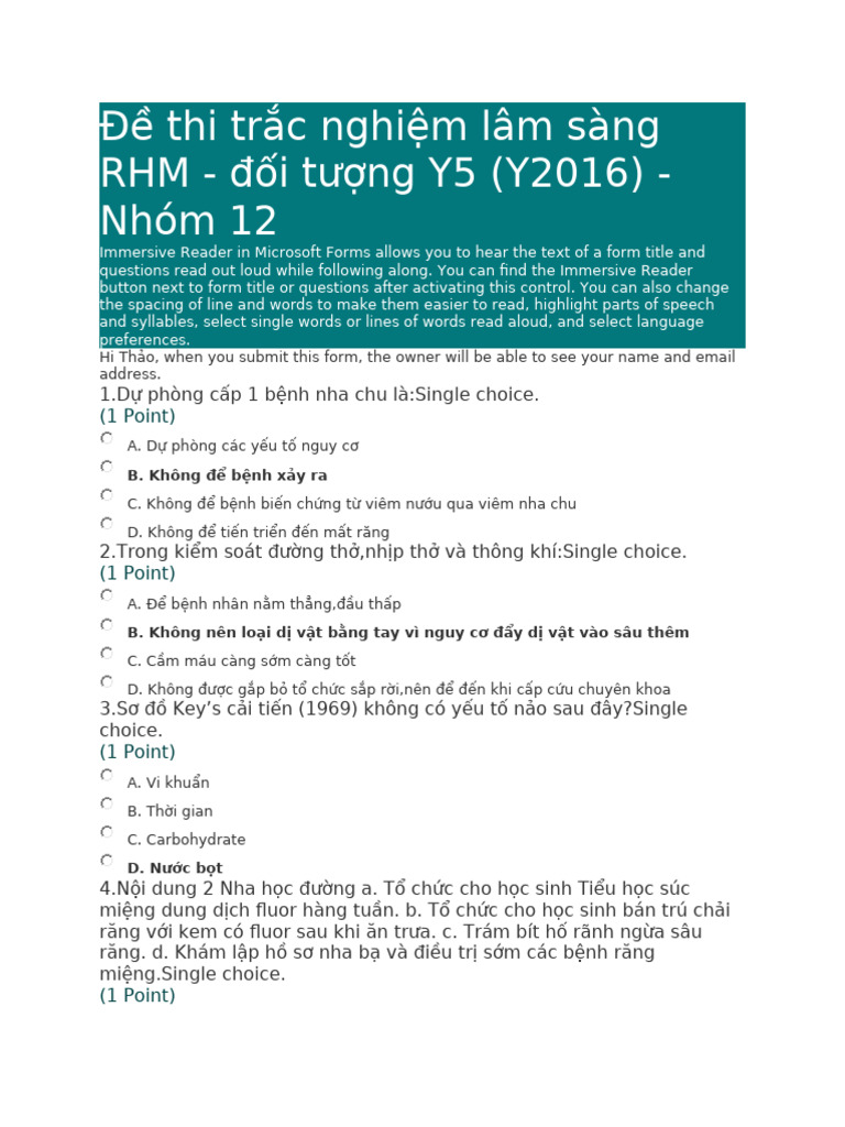 Đề thi trắc nghiệm lâm sàng RHM | PDF