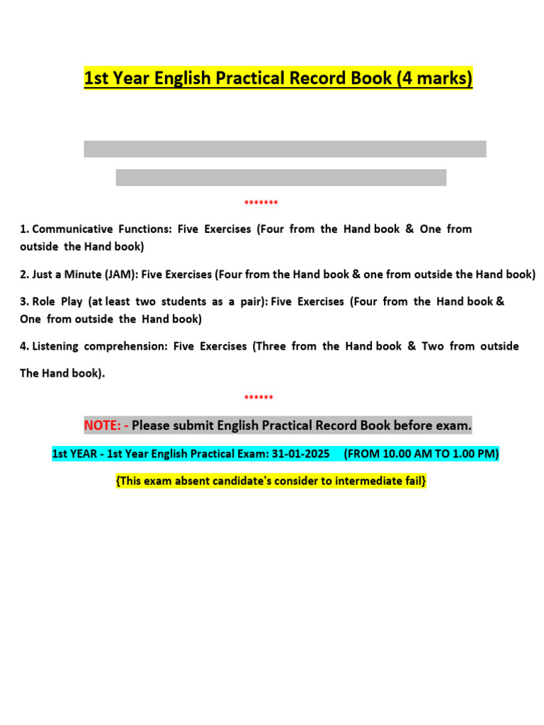 1st Year English Practical Record Book | PDF