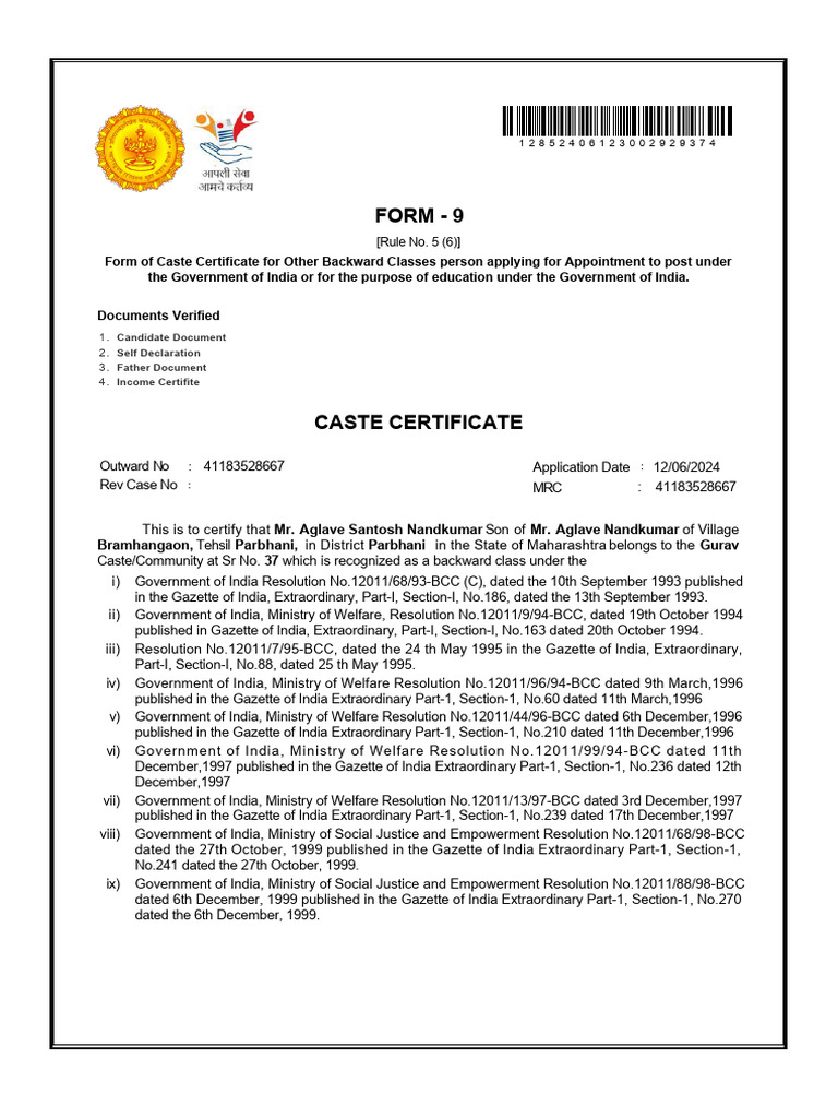 Caste Certificate Form 9 Details | PDF | Government Of India