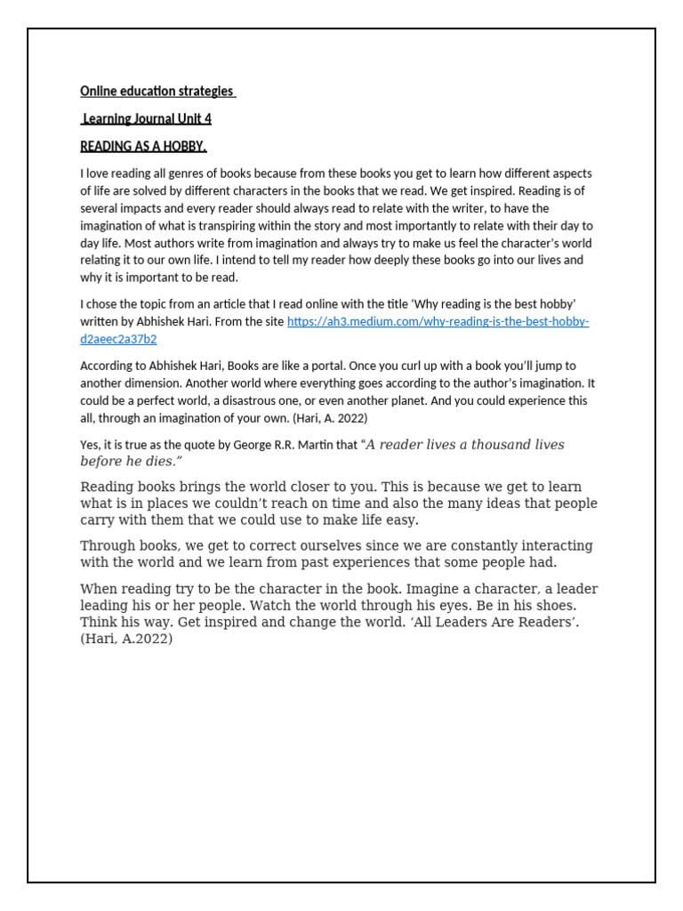 Reading As A Hobby Unit 4 Journal Online Education Strategies | PDF