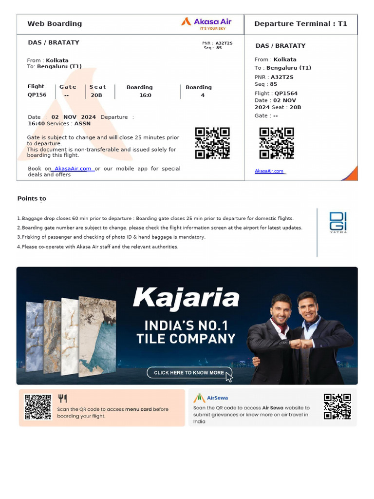 2025 E-Boarding Pass - Q5SGHP - Brataty (CCU To BLR) | PDF