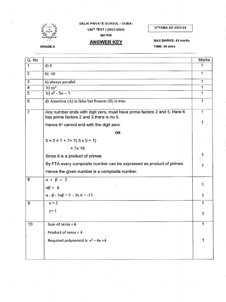 2023 24 Ut1 gr10 Answer Key | PDF