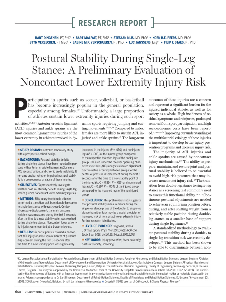 Dingenen Et Al 2016 Postural Stability During Single Leg Stance A ...