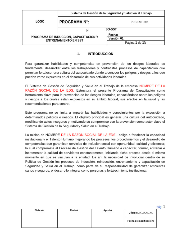 PRG SST 002 Programa de Induccion y Entrenamiento | PDF