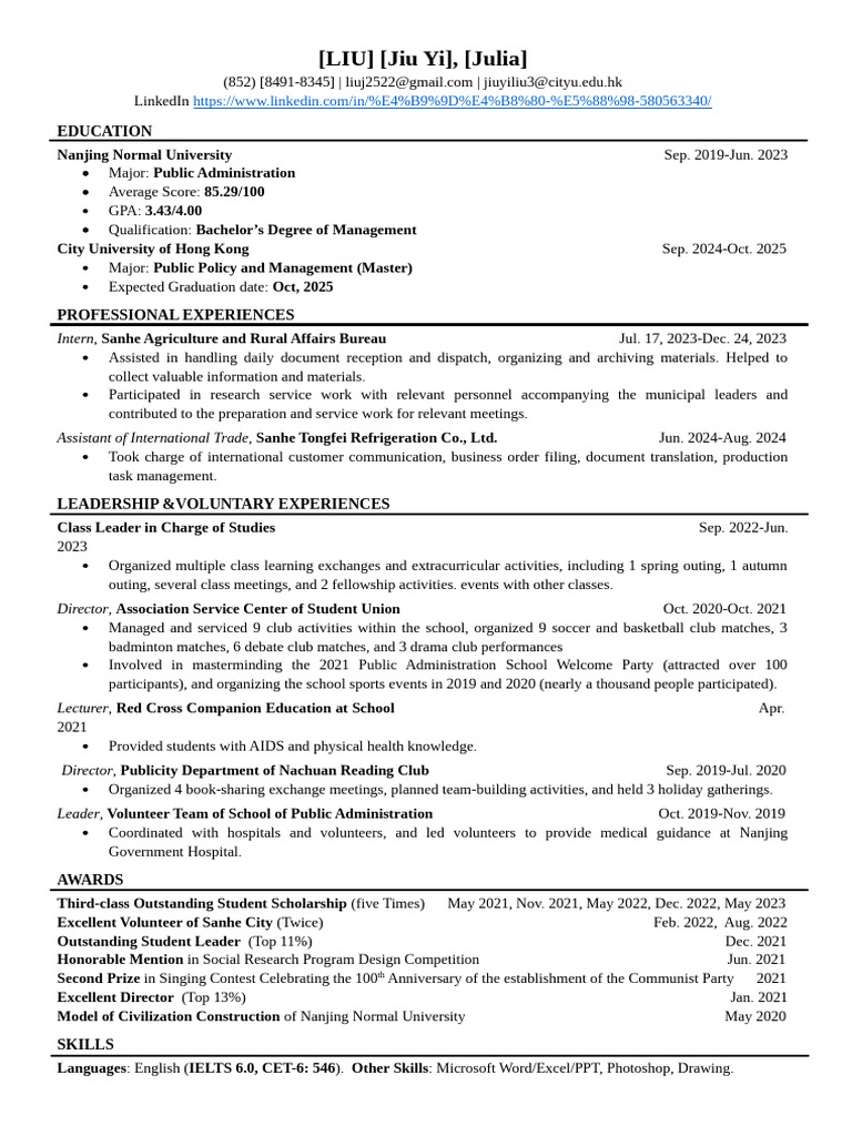 LIU JiuYi, Julia CV 2024semA | PDF