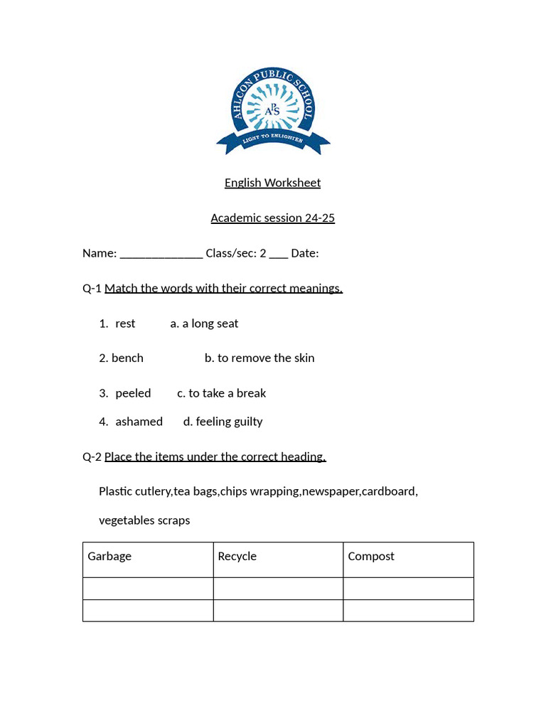 English Worksheet Class 2 January 2025 | PDF