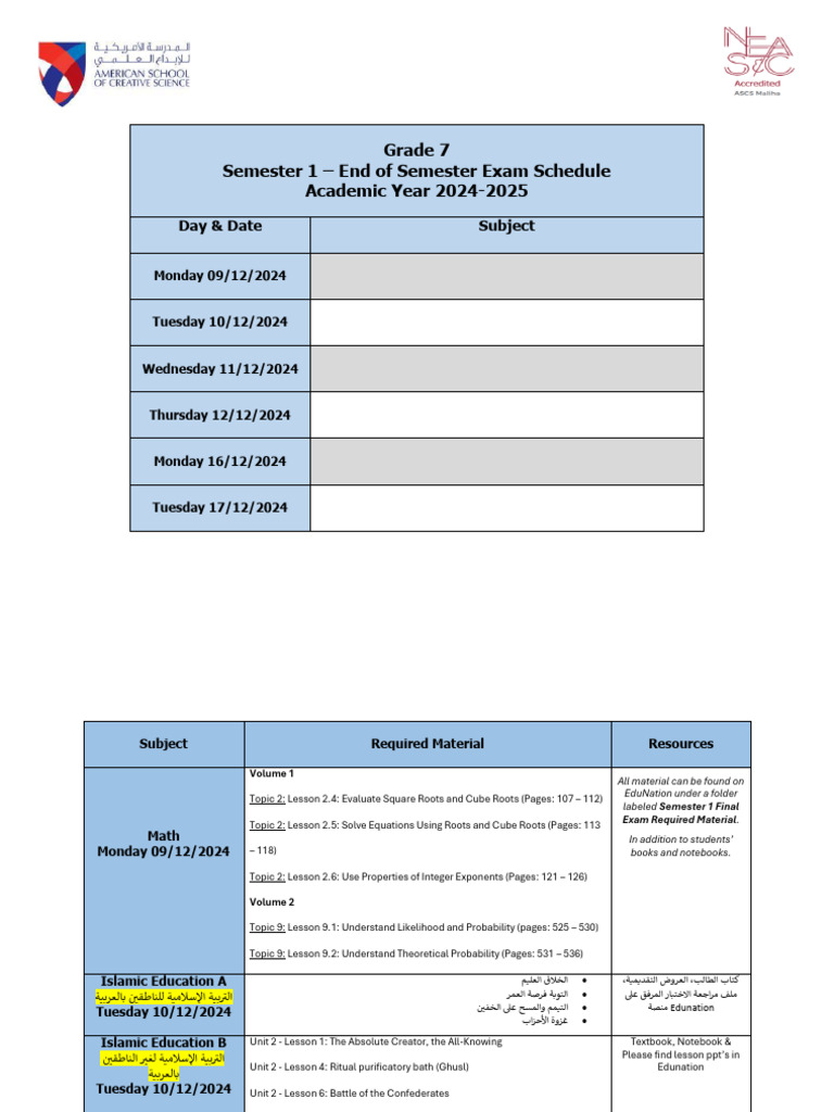 Grade 7 - End of Semester 1 Exam Required Material | PDF