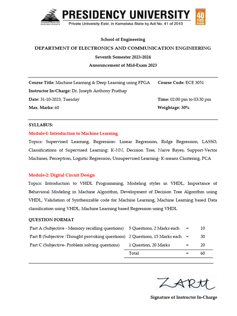 Ece3051 Mldlfpga Midexam Announcement | PDF