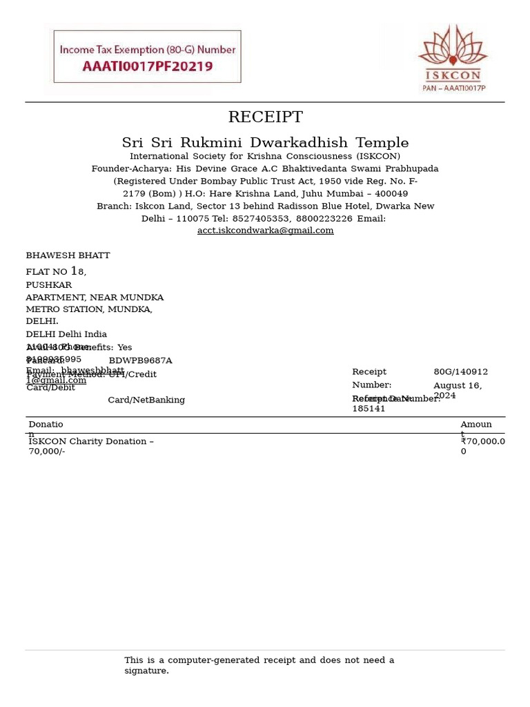 Iskcon Donation Receipt 8211 185141 | PDF
