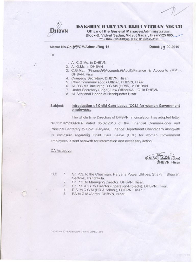 Introduction of Child Care Leave (CCL) for Women Govt. Employees | PDF