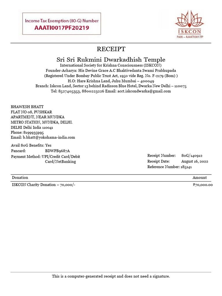 ISKCON Donation Receipt | PDF