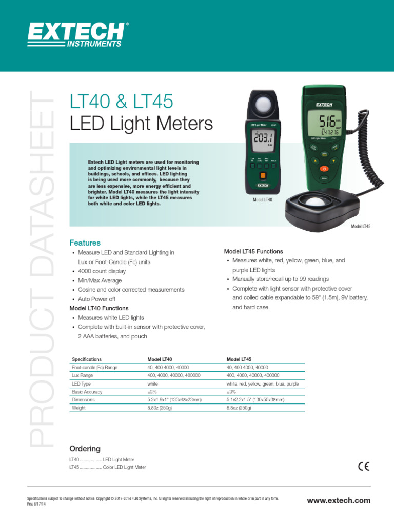 Ficha Tecnica Luxometro EXTECH LT40 - LT45 | PDF | Equipment | Light