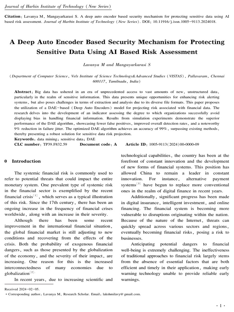 A Deep Auto Encoder Based Security Mechanism For Protecting Sensitive Data Using AI Based Risk ...